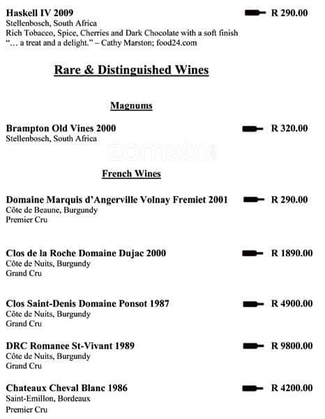 Menu at Long Table restaurant, Stellenbosch