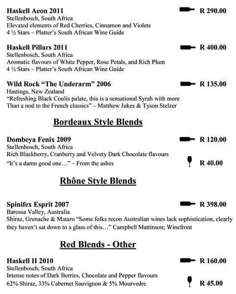 Menu at Long Table restaurant, Stellenbosch