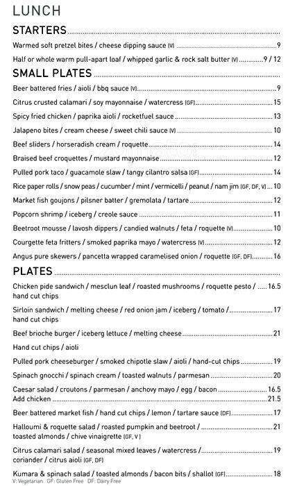 Menu at Engineers pub & bar, Christchurch