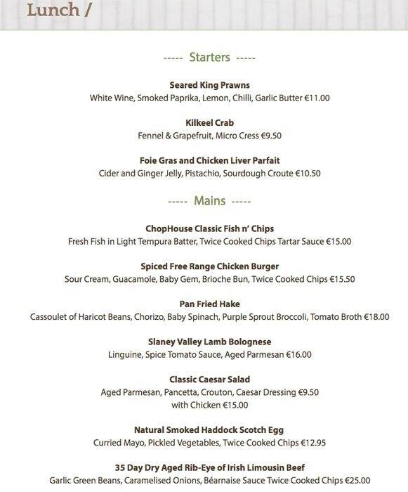 Menu at The Chophouse pub & bar, Dublin