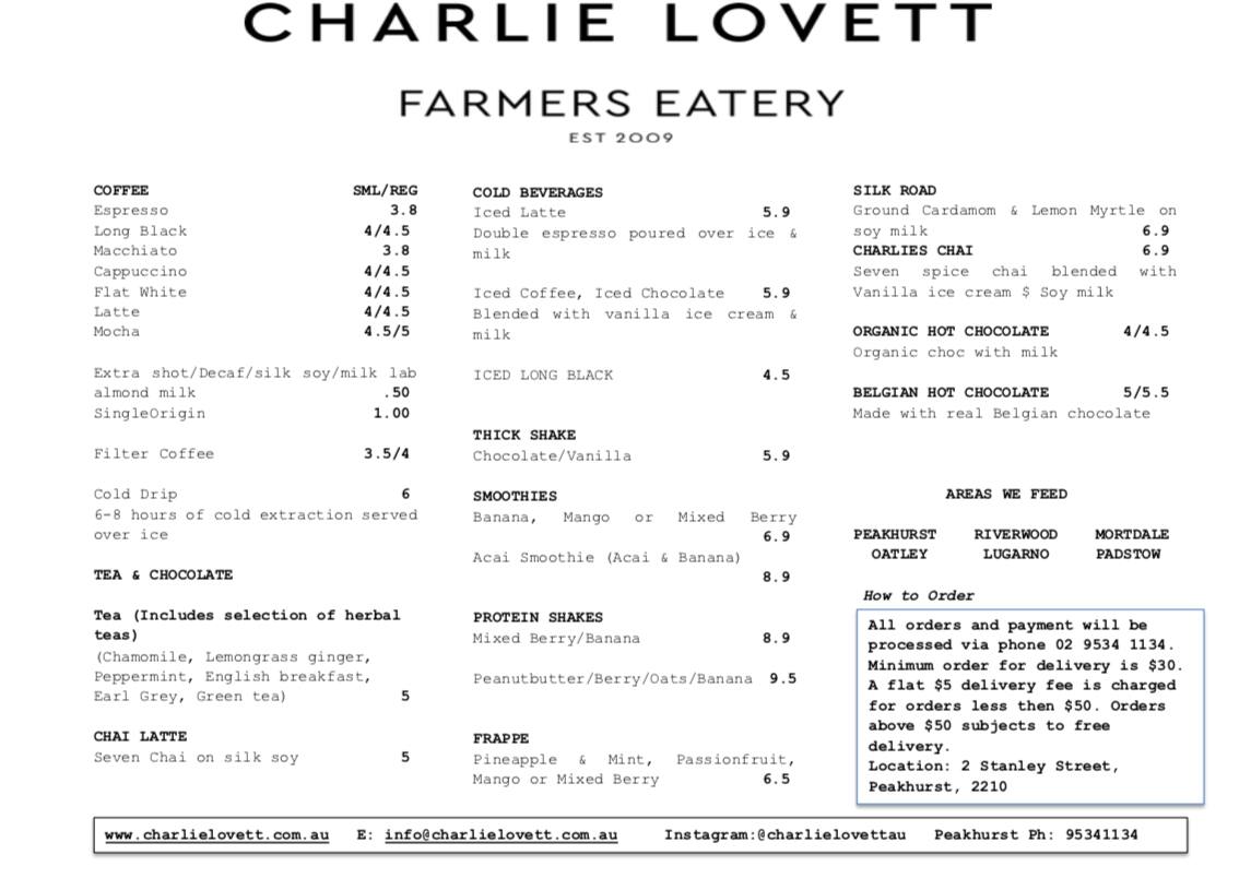 Menu at Charlie Lovett cafe, Peakhurst