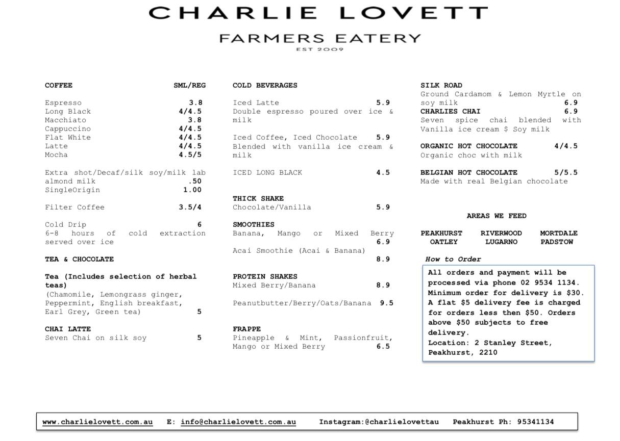 Menu at Charlie Lovett cafe, Peakhurst
