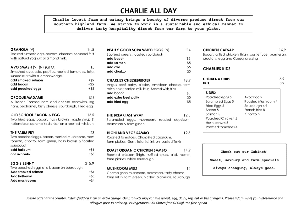 Menu at Charlie Lovett Peakhurst cafe, Peakhurst