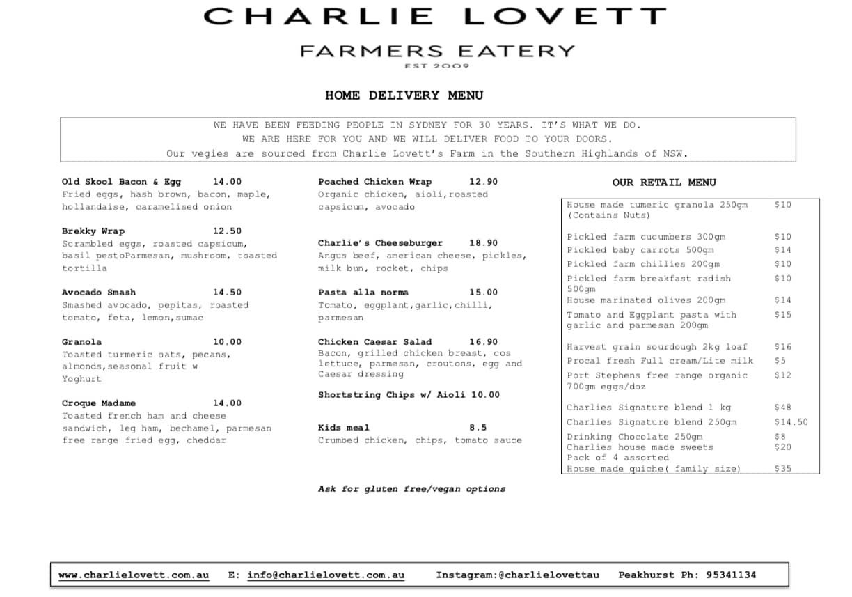 Menu at Charlie Lovett cafe, Peakhurst