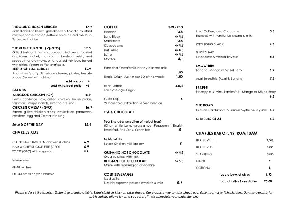 Menu at Charlie Lovett cafe, Peakhurst