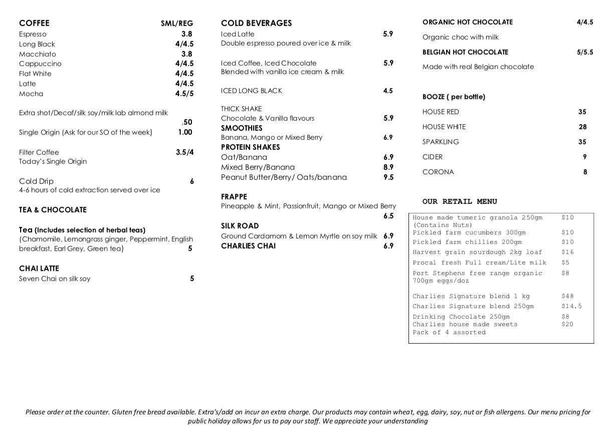 Menu at Charlie Lovett Peakhurst cafe, Peakhurst