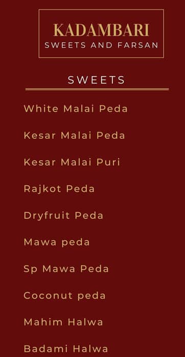 Menu of Kadambari Sweets & Farsan, Azad Nagar, Mumbai