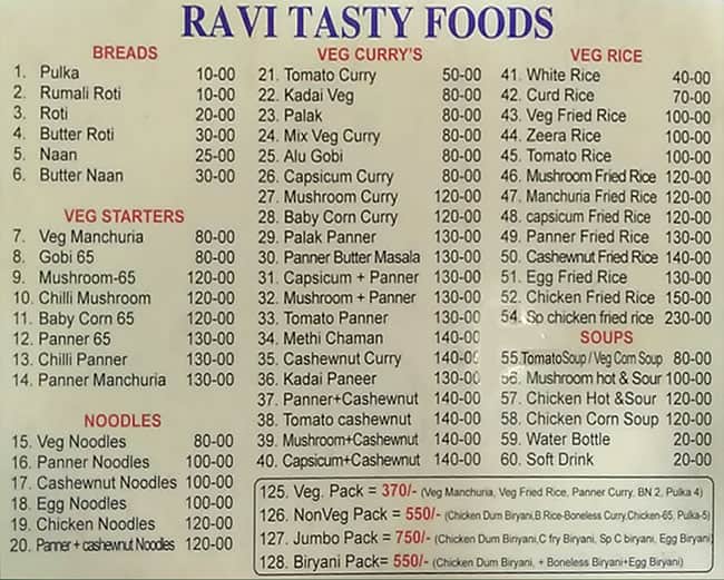 Menu of Ravi Tasty Foods, Lakshmipuram, Guntur