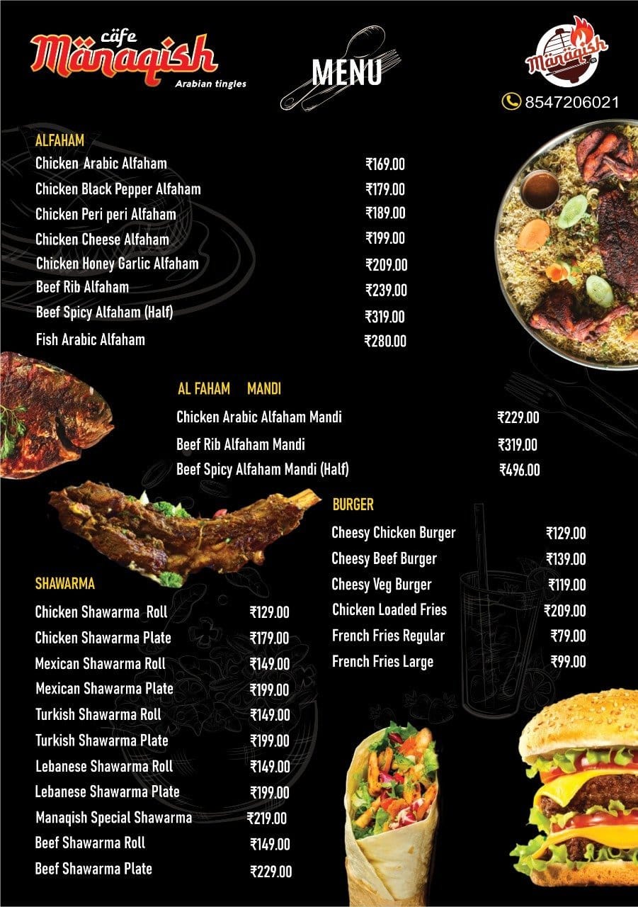 Menu at Cafe Manaqish, Kochi