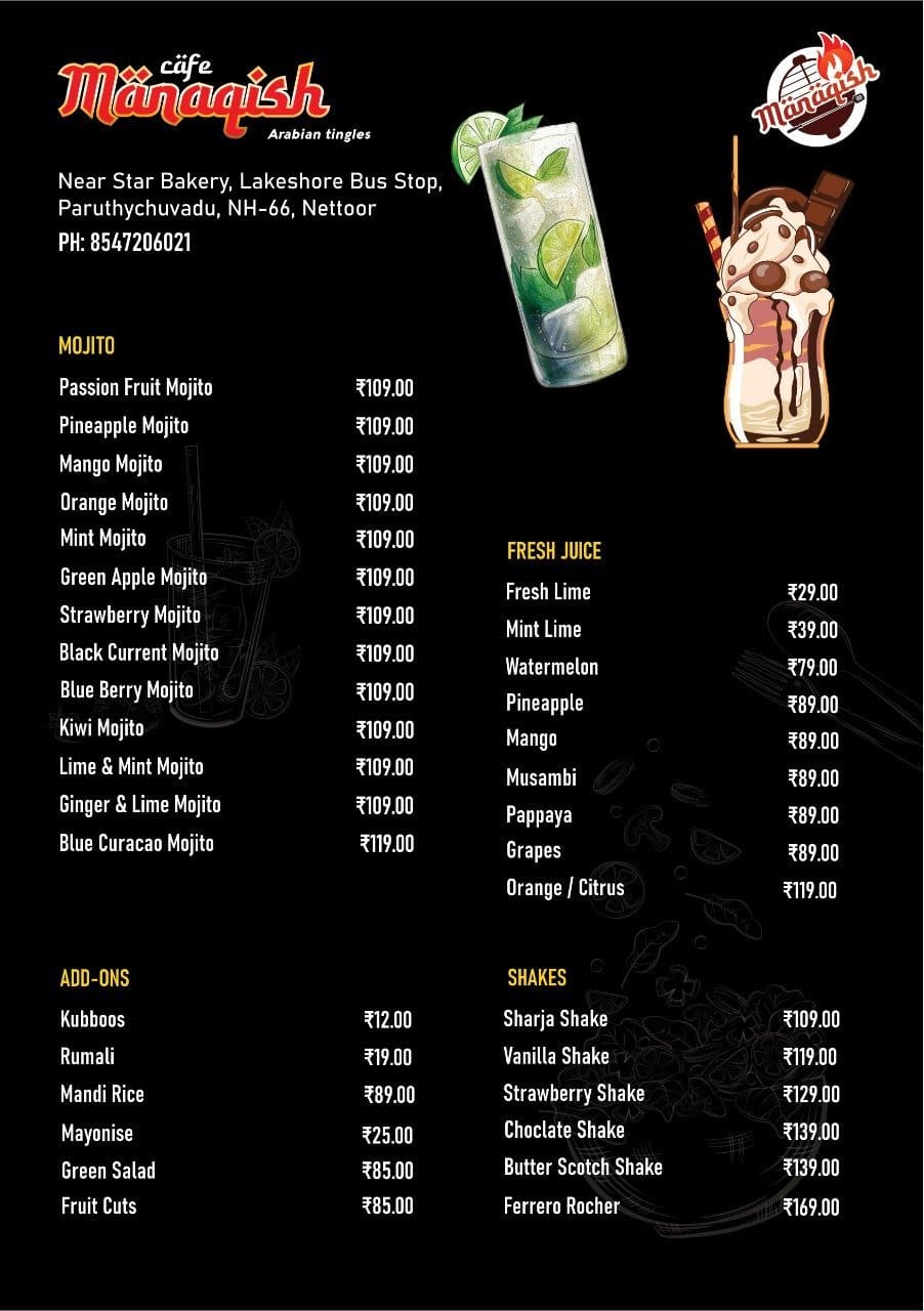 Menu at Cafe Manaqish, Kochi