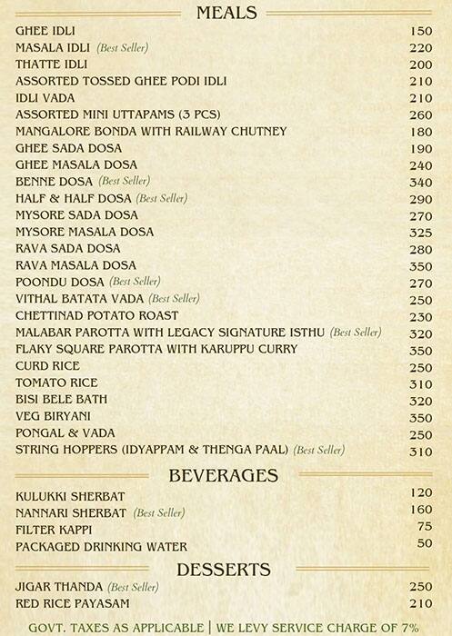 Menu of Kamats Legacy, Bhandup, Mumbai