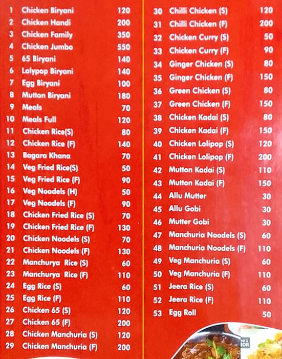 Menu of RK Food Point, Gandipet, Hyderabad