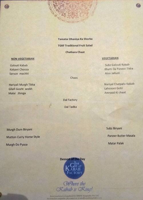 Menu at The Great Kabab Factory, Ranchi