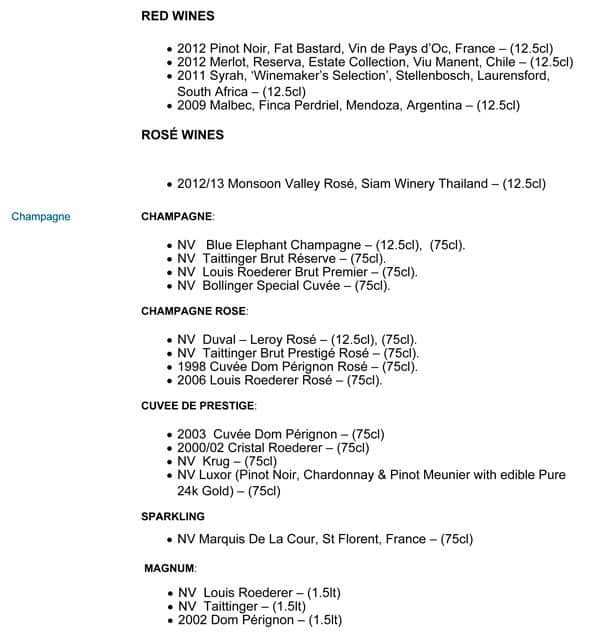 Menu at Blue Elephant restaurant, London, Imperial Wharf