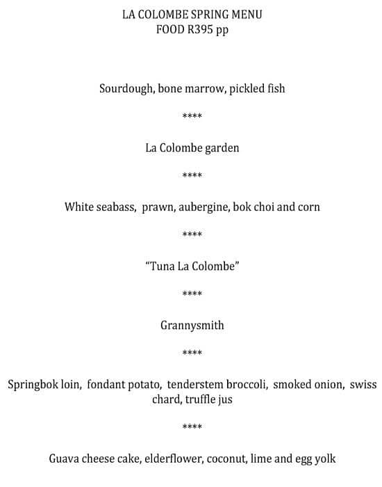 Menu at La Colombe Restaurant, Cape Town, Silvermist Wine Estate