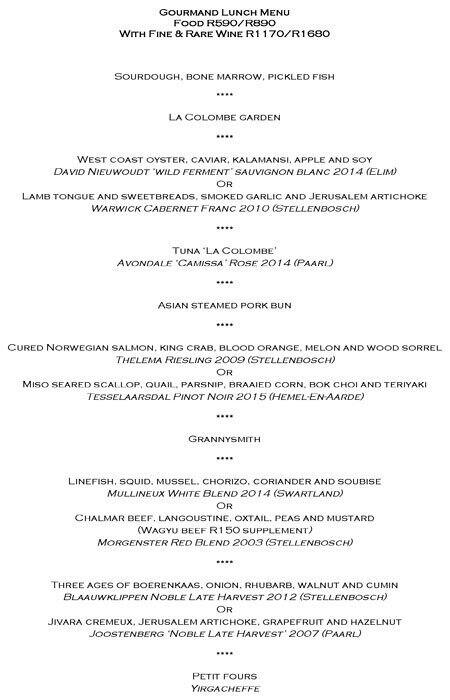 Menu at La Colombe Restaurant, Cape Town, Silvermist Wine Estate