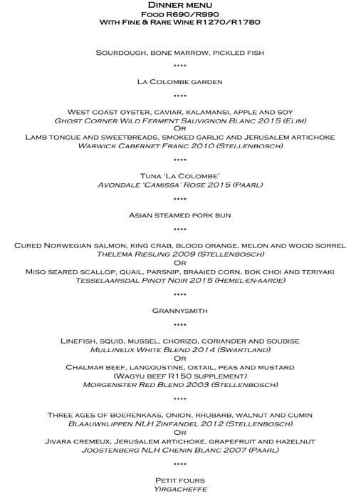 La Colombe Menu, Menu for La Colombe, Constantia, Cape Town - Zomato SA