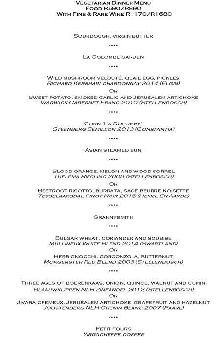 Menu at La Colombe Restaurant, Cape Town, Silvermist Wine Estate