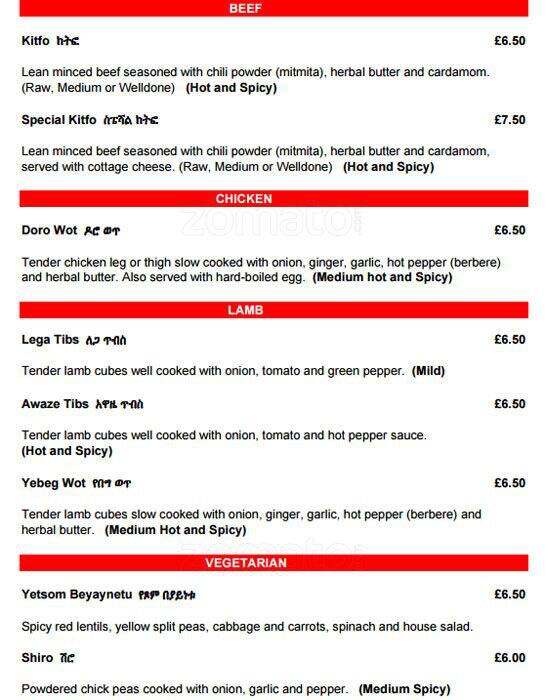 Menu at Habesha Restaurant, Manchester