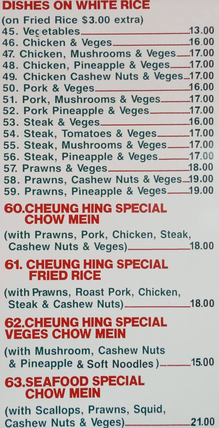 Menu at Cheung Hing Takeaways fast food, Auckland