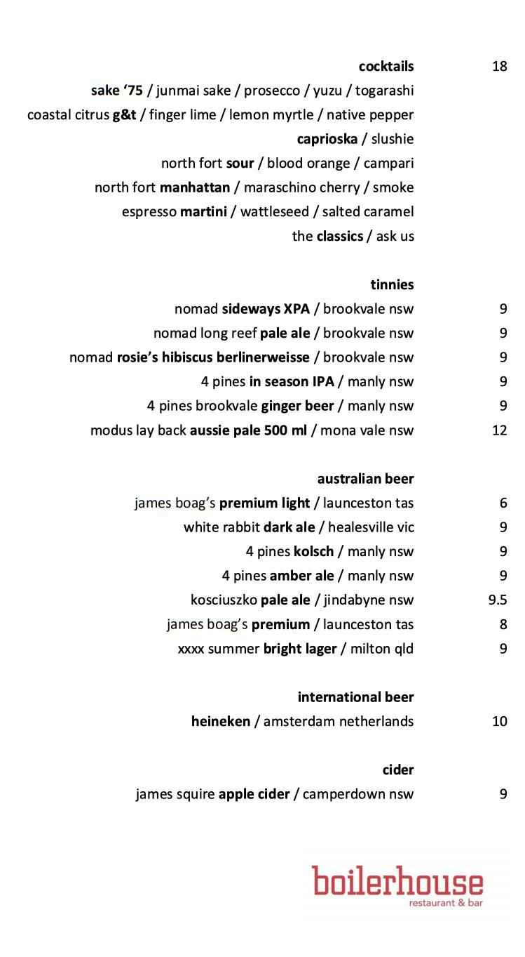 Menu at The Engine Room Bar, Manly