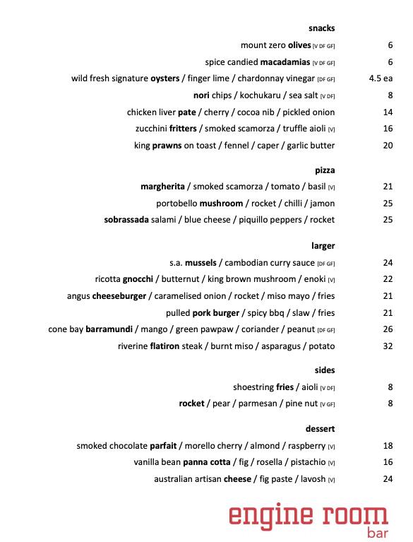 Menu at The Engine Room Bar, Manly