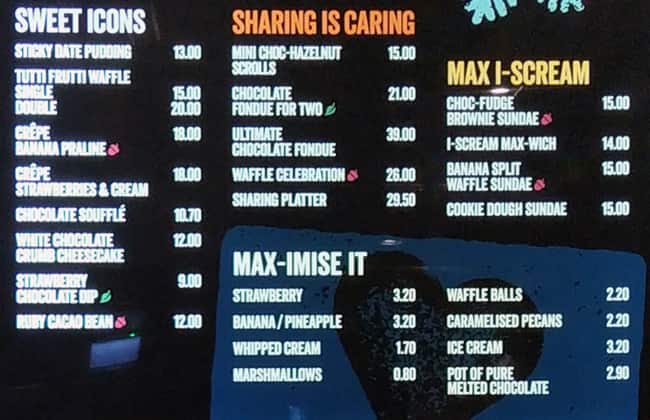 Menu at Max Brenner desserts, Bondi Junction, Shop 6007/500 Oxford St