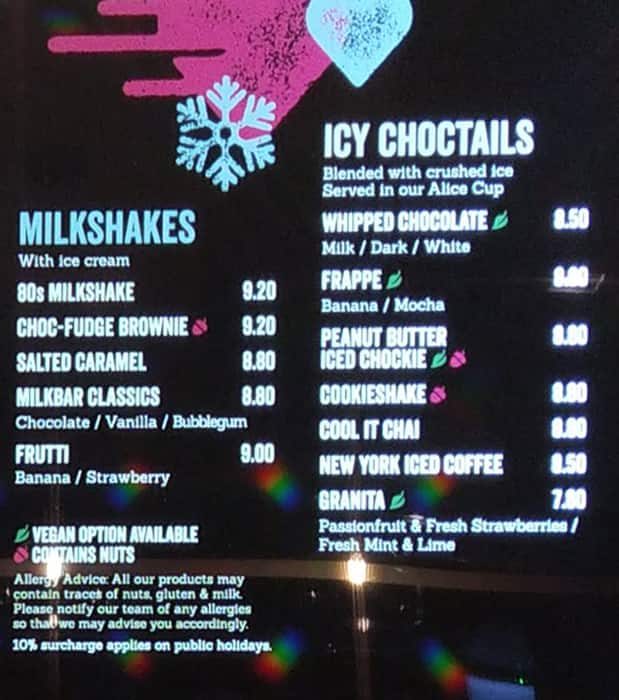 Menu at Max Brenner desserts, Bondi Junction, Shop 6007/500 Oxford St