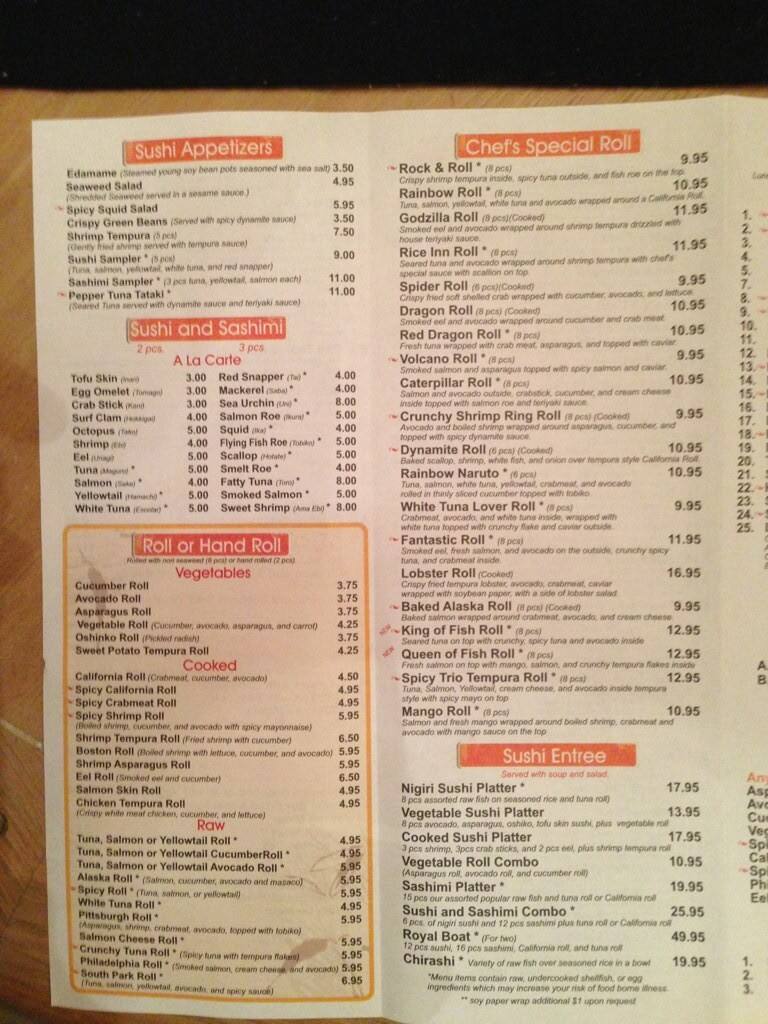Menu at Rice Inn restaurant, Bethel Park