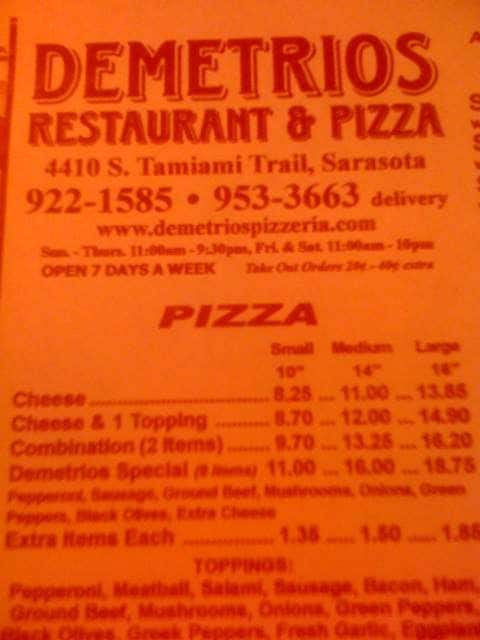 Menu at Demetrio's Restaurant & Pizza, Sarasota