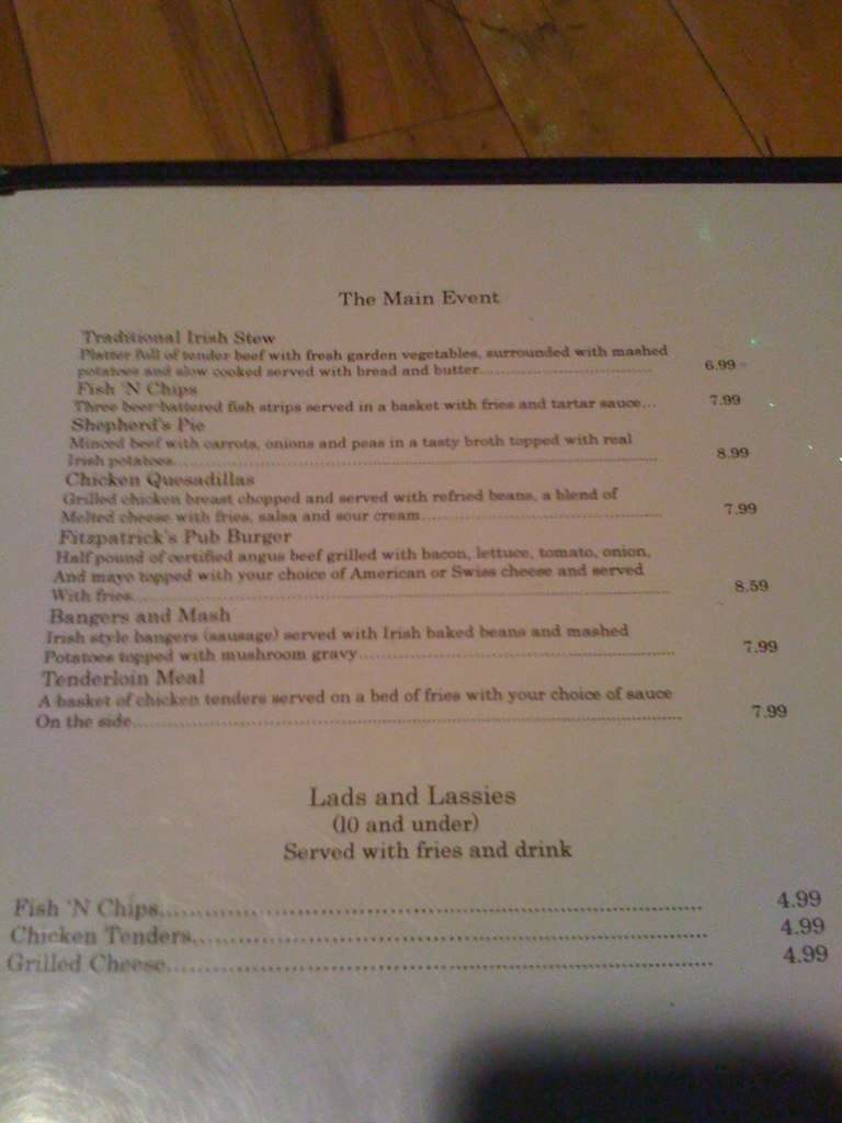 Menu at Fitzpatrick's Irish Pub, Greenville
