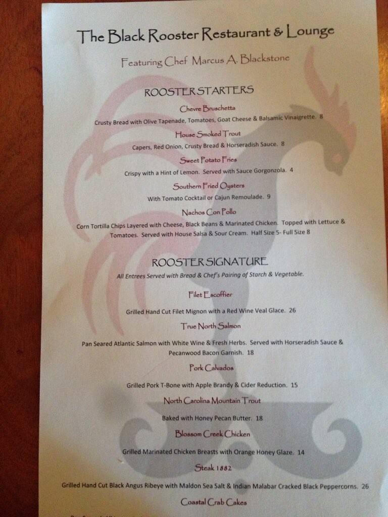 Menu at The Black Rooster Resturant restaurant, Marion