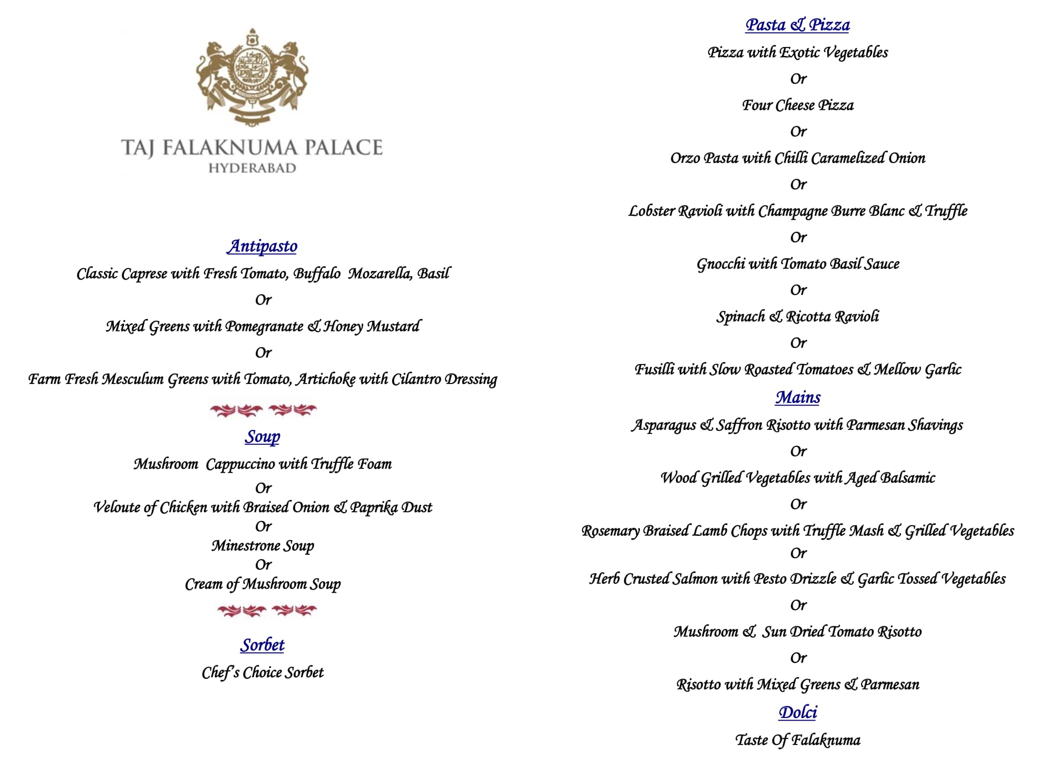 Menu of Gol Bungalow - Taj Falaknuma Palace, Falaknuma, Hyderabad