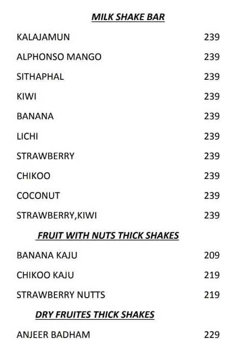 Menu of Milkshake Bar, Madhapur, Hyderabad