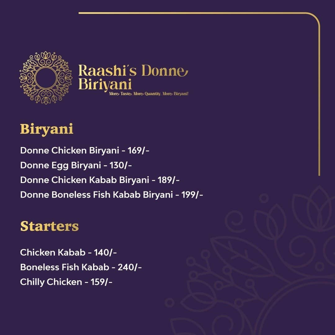 Menu of Raashi’s Donne Biriyani, Banashankari, Bangalore