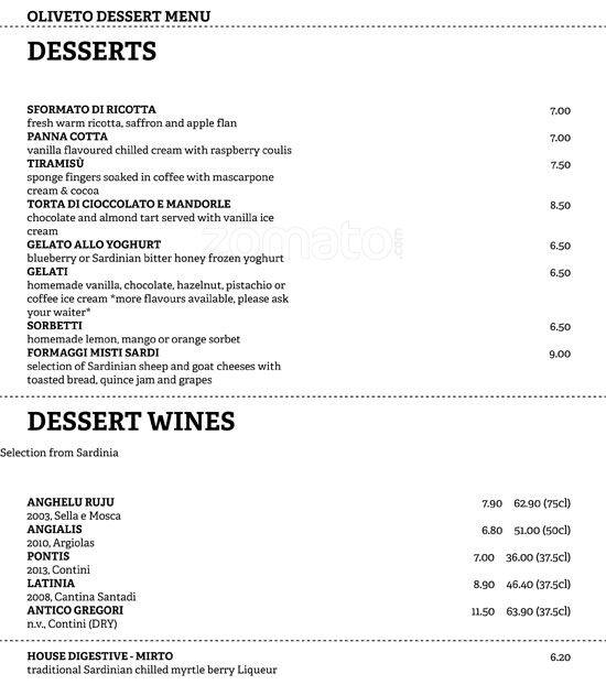 Menu at Oliveto restaurant, London