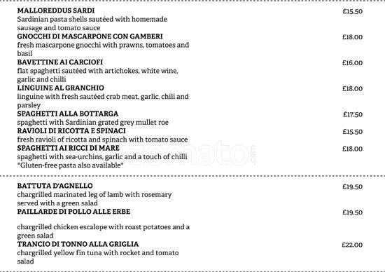 Menu at Oliveto restaurant, London