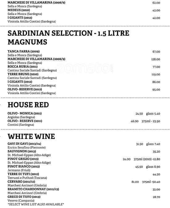 Menu at Oliveto restaurant, London