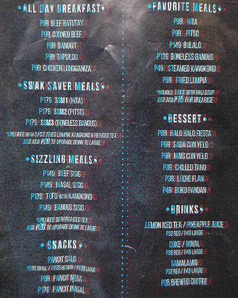 Menu at Mesa Inasal restaurant, Manila, cor