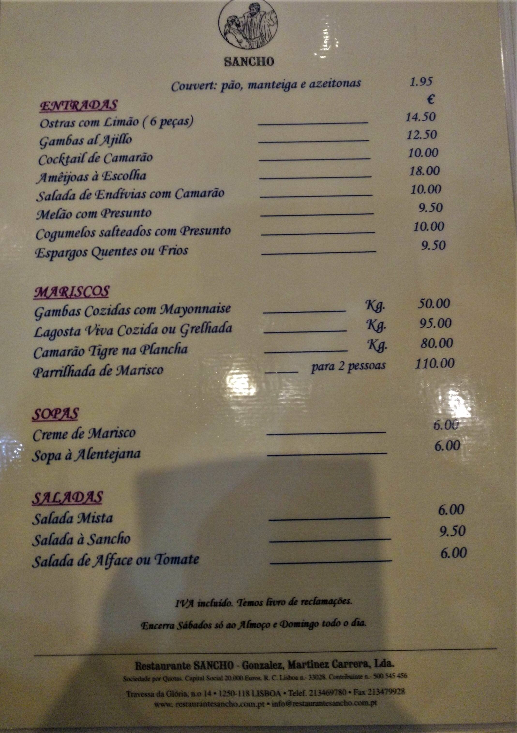 Menu em Sancho restaurante, Lisboa