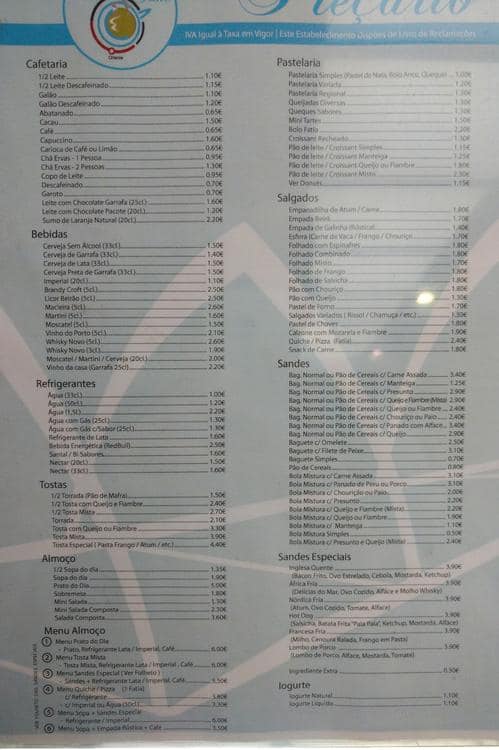 Menu em Coffee Time café, Lisboa