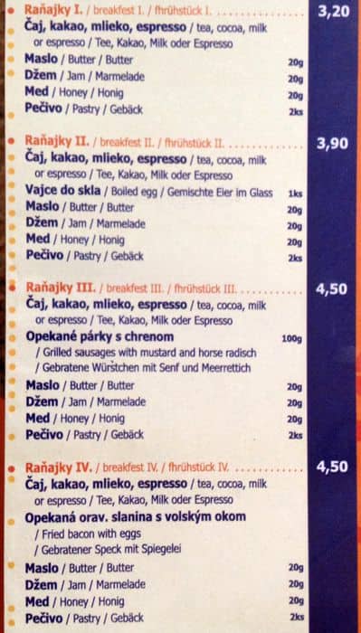 Menu at Vienna Cafe, Bratislava