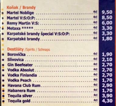 Menu at Vienna Cafe, Bratislava