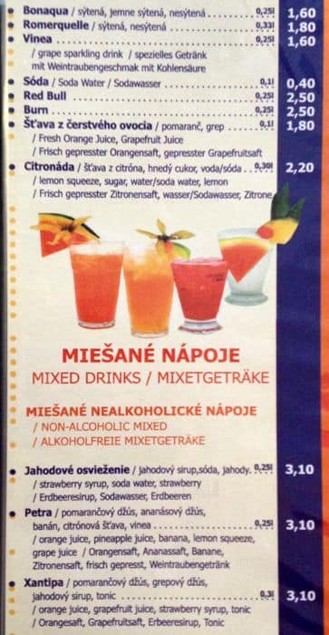 Menu at Vienna Cafe, Bratislava
