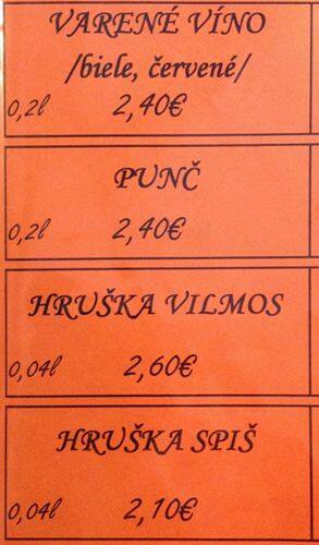 Menu at Vienna Cafe, Bratislava