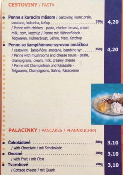 Menu at Vienna Cafe, Bratislava