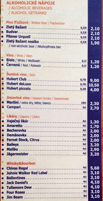 Menu at Vienna Cafe, Bratislava