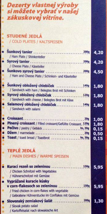 Menu at Vienna Cafe, Bratislava