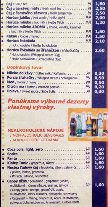 Menu at Vienna Cafe, Bratislava