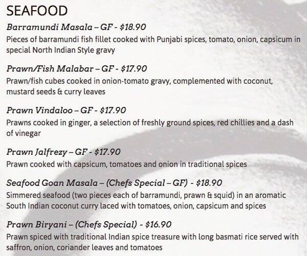 Menu at Exquisite Indian restaurant, Christies Beach